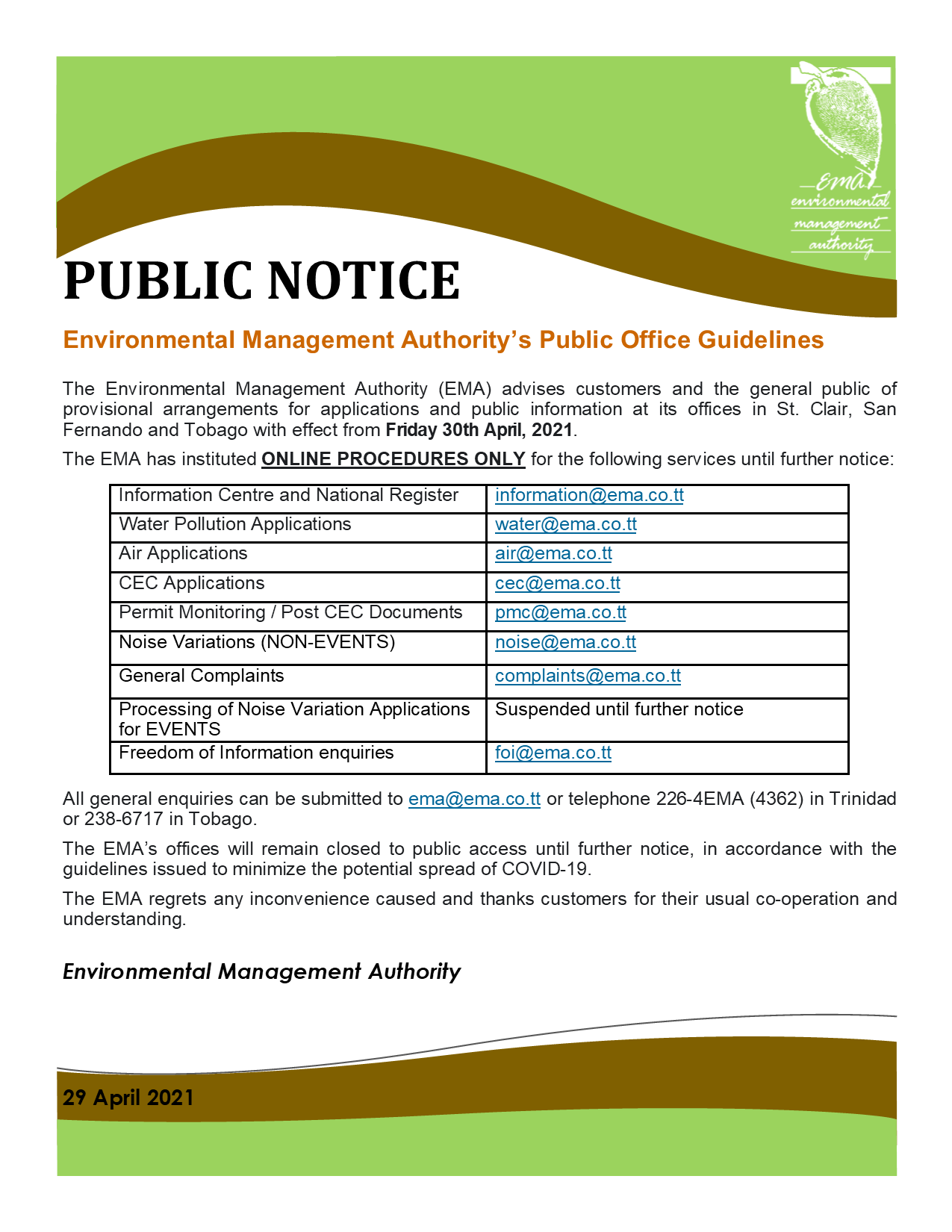 Public Notice - Office Access 29 April 2021 - EMA